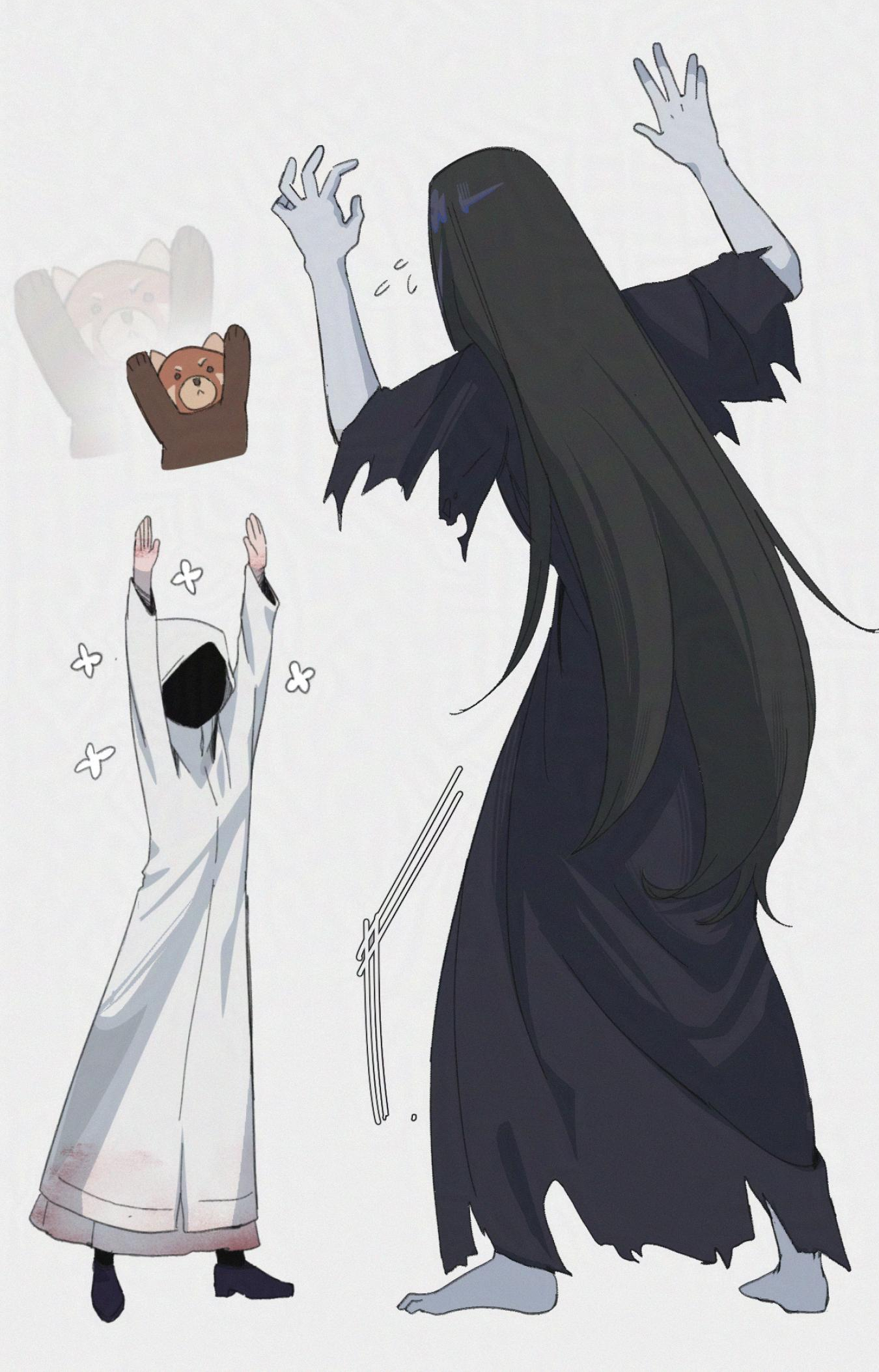 Safebooru - 1boy 1girl animal arms up black hair black kimono claw pose ...