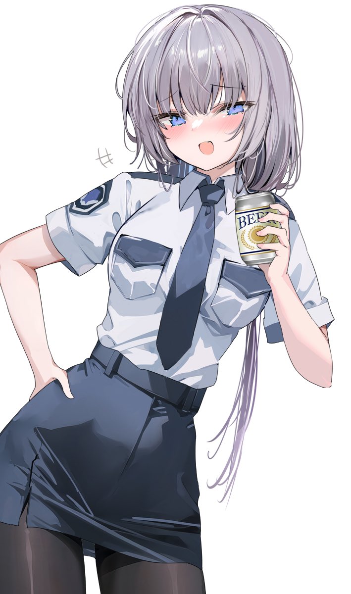 Safebooru - 1girl beer can black pantyhose blue eyes blue necktie blue skirt blush can collared ...