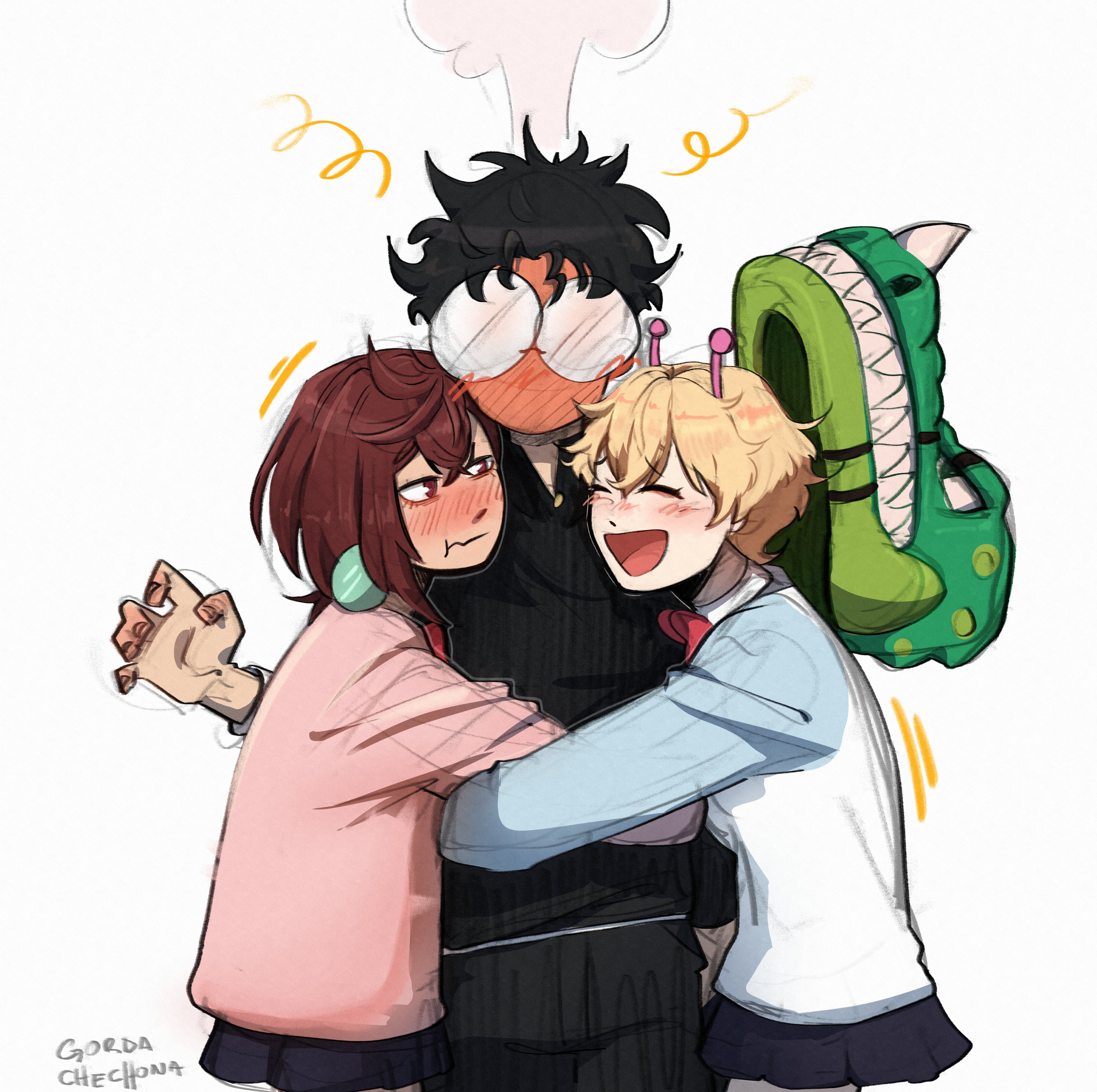 Safebooru - 1boy 2girls absurdres ayase momo blonde hair blush brown hair dandadan earrings ...