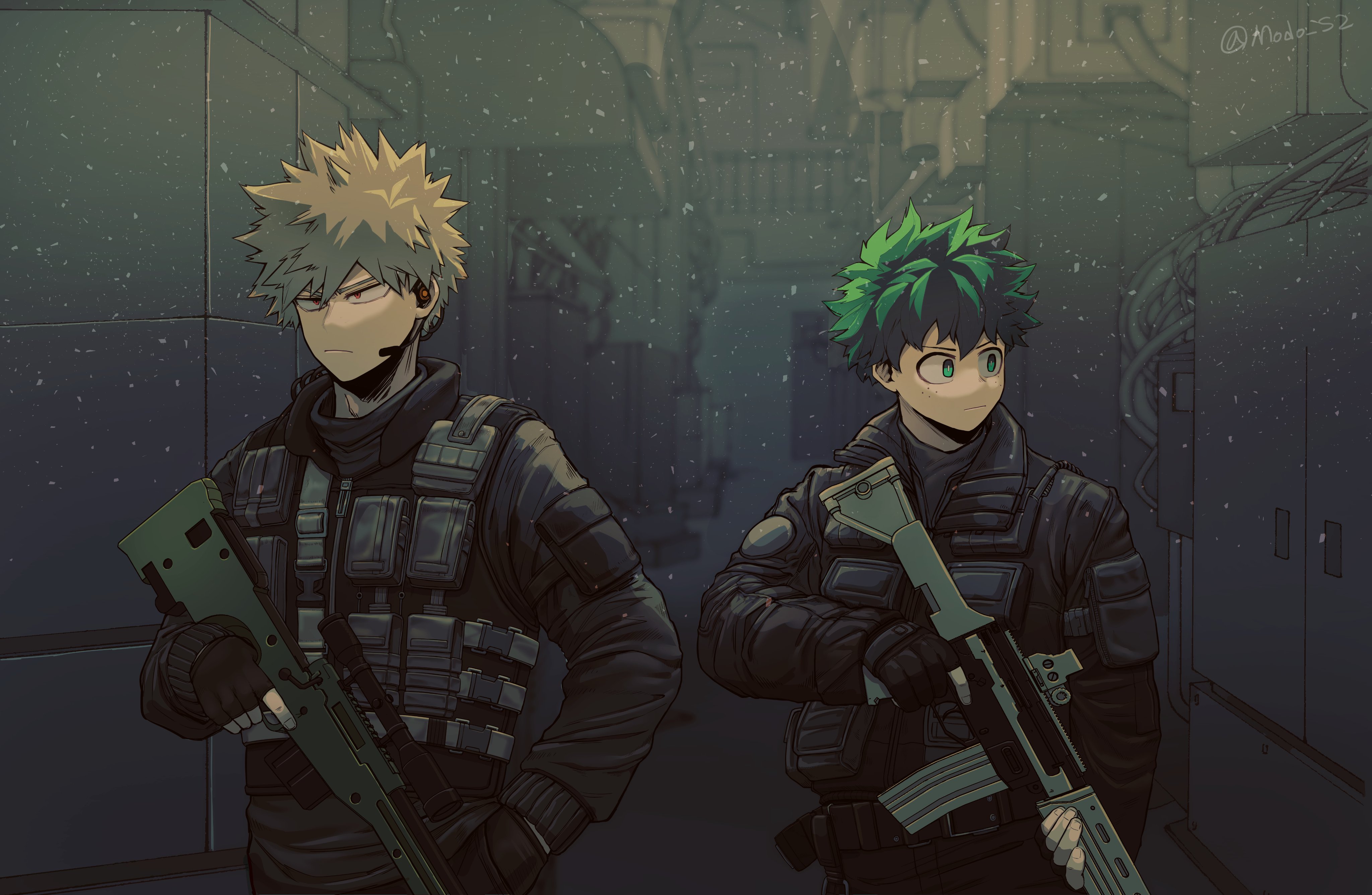 Safebooru - 2boys absurdres alternate costume bakugou katsuki bangs black gloves black jacket ...