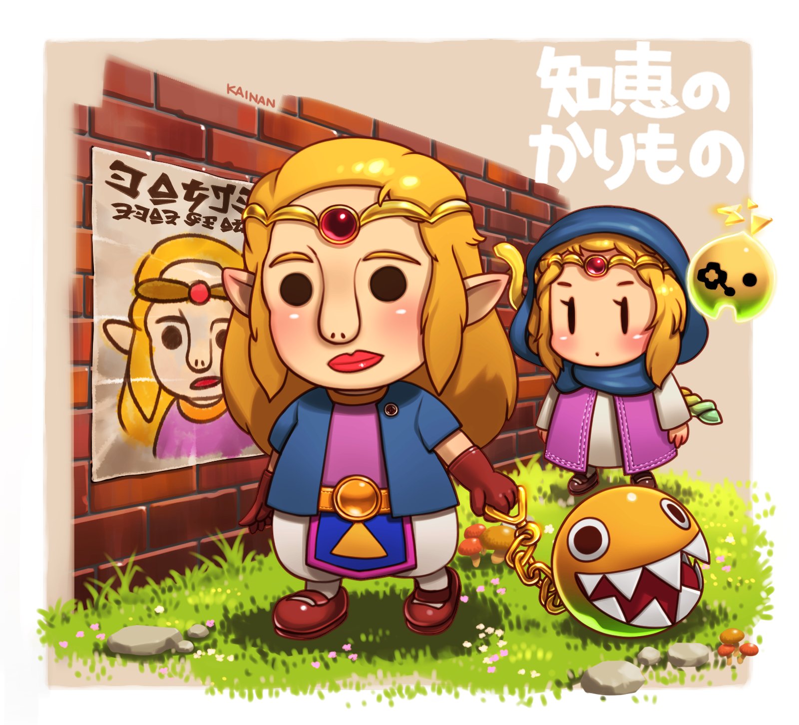 Safebooru - 2girls blonde hair blue hood border brick wall brown ...