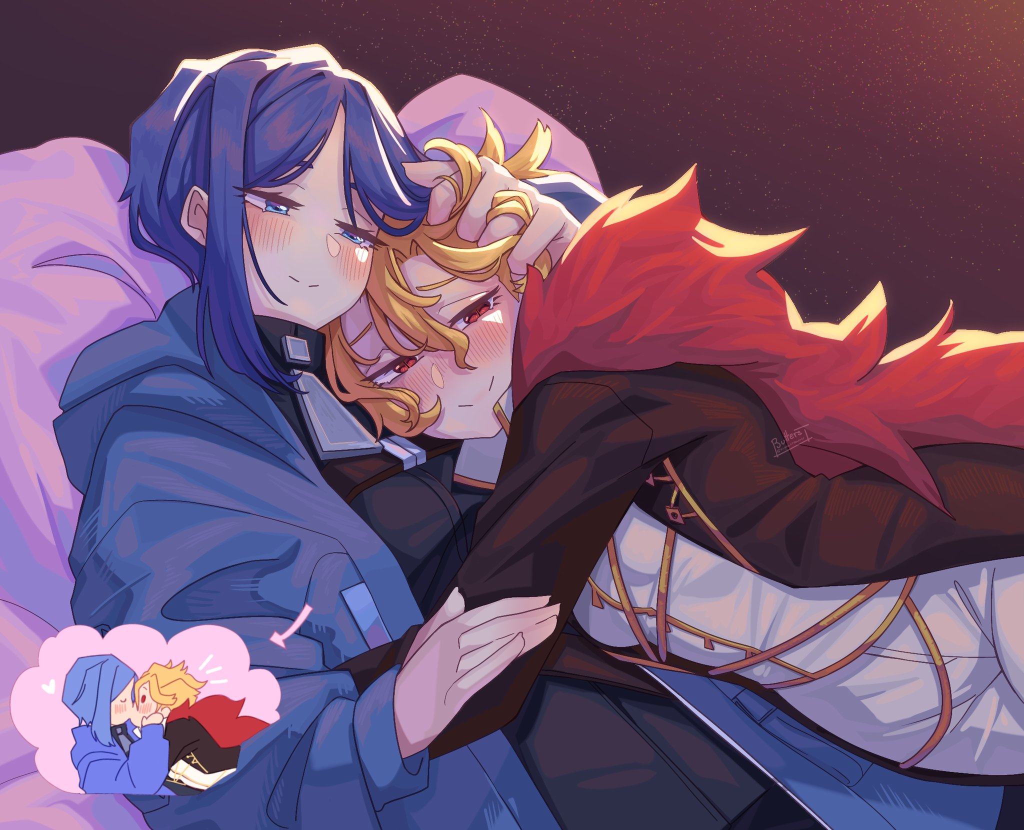 Safebooru - 2girls arm around waist arrow (symbol) bari (project moon) black coat blonde hair ...