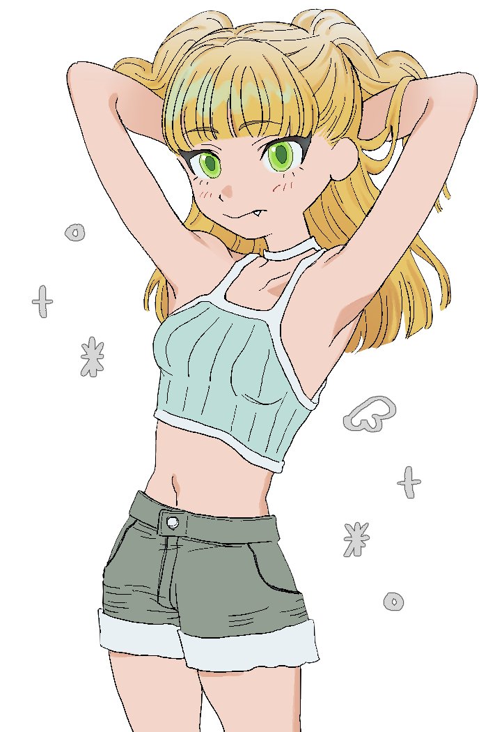 Safebooru - 1girl arms up bare shoulders blonde hair cowboy shot crop top fang green eyes ...