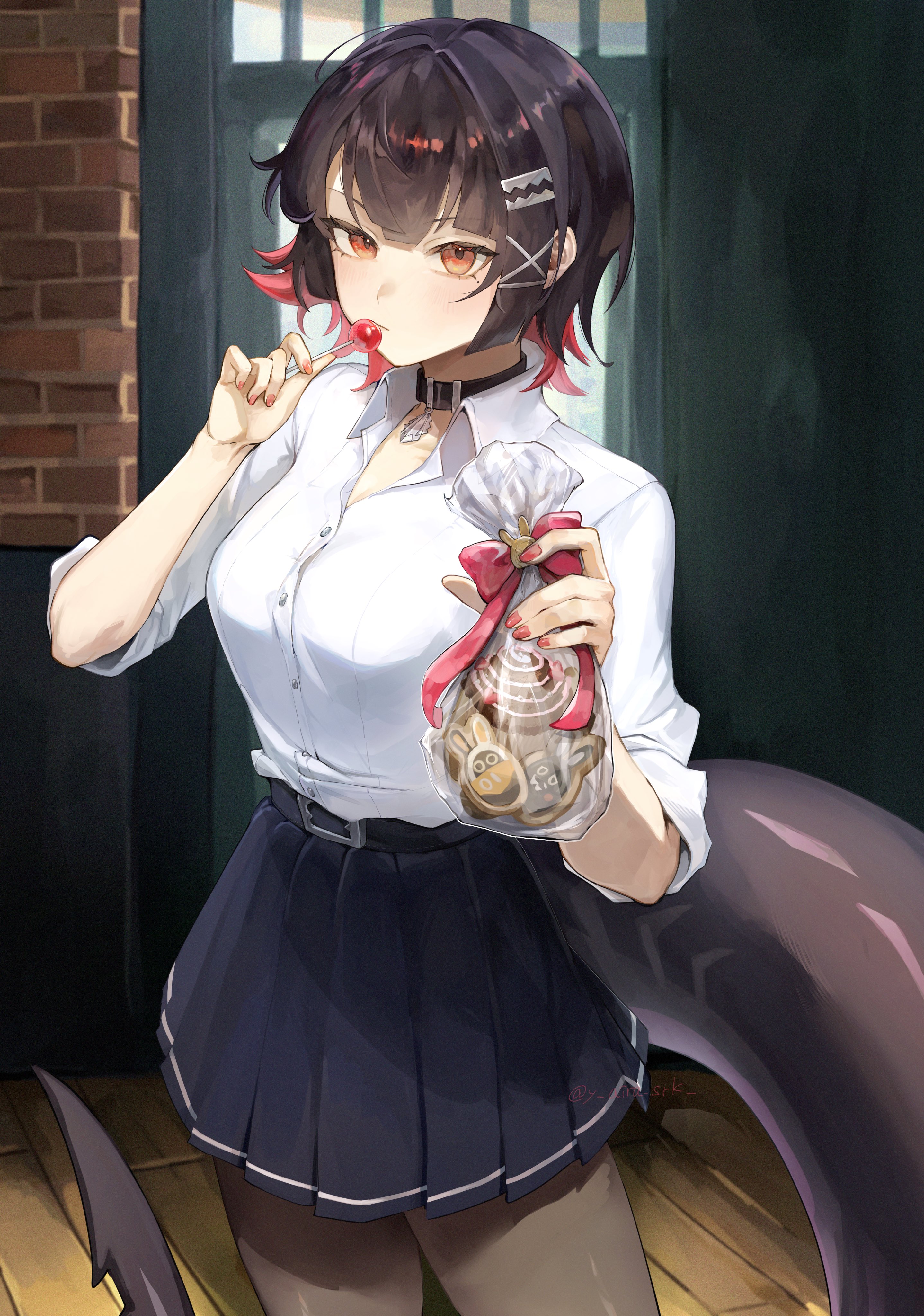 Safebooru - 1girl :| absurdres bag belt black belt black choker black hair blush bow breasts ...