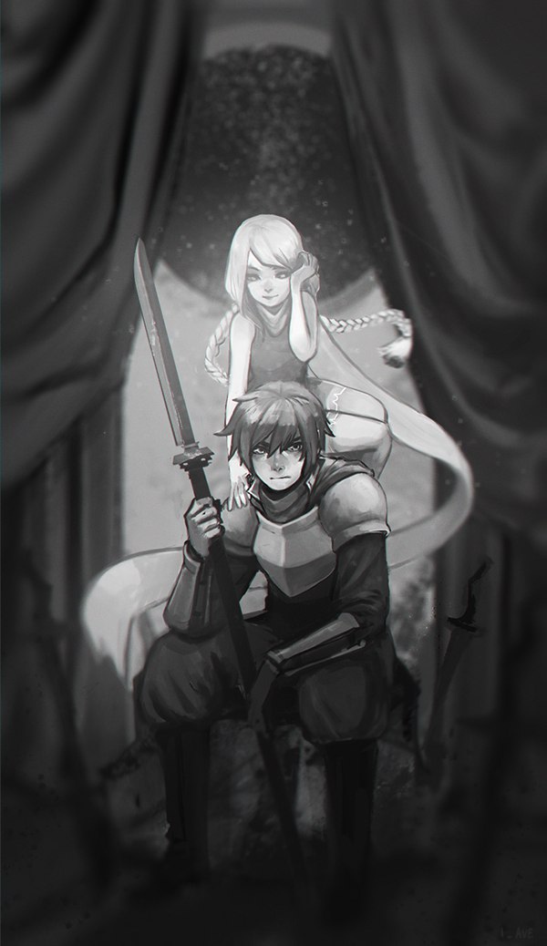 Safebooru - 1boy 1girl abstract background armor artist name ave bangs ...