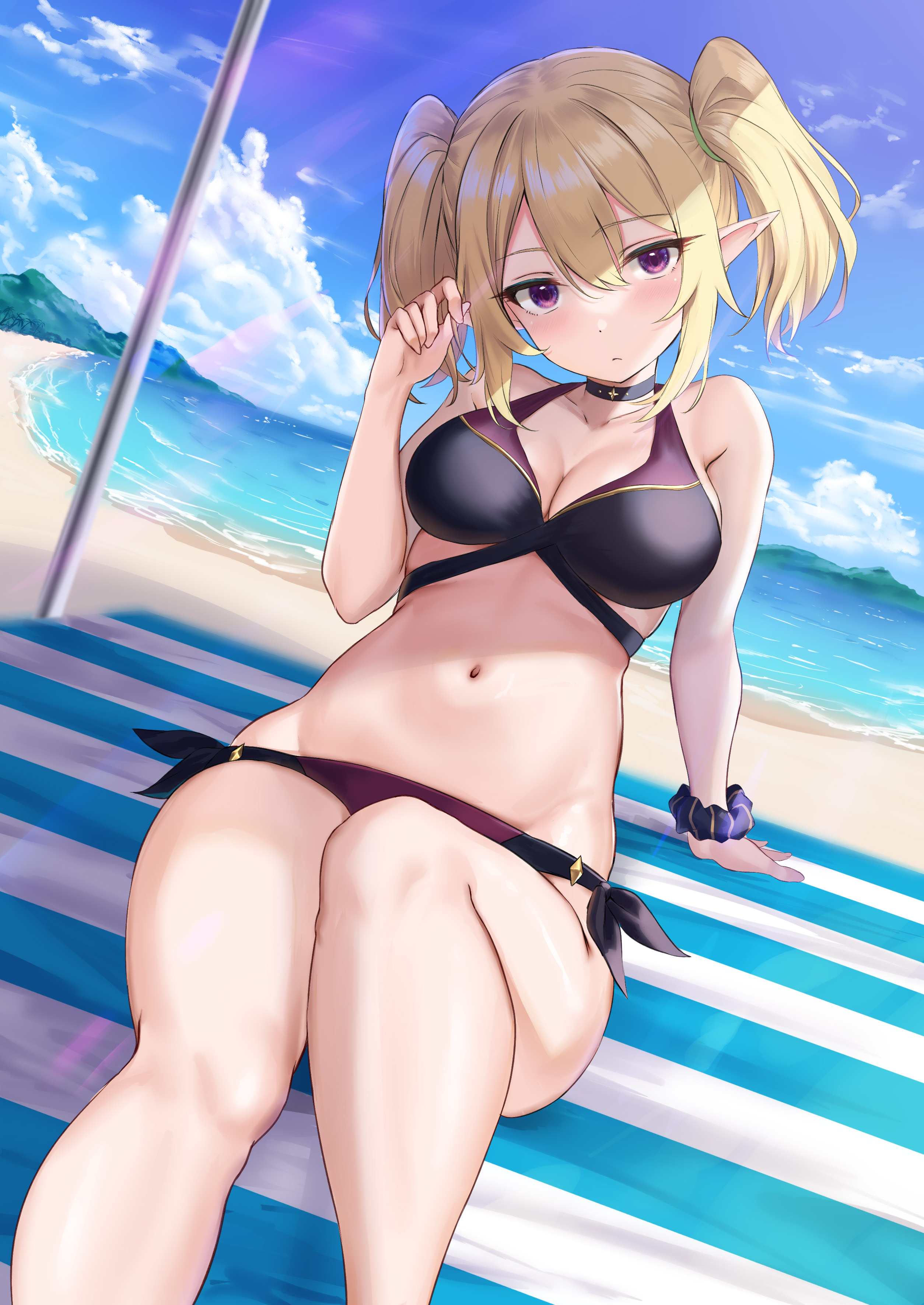 Safebooru - 1girl absurdres bare arms bare shoulders beach beach mat bikini black bikini black ...