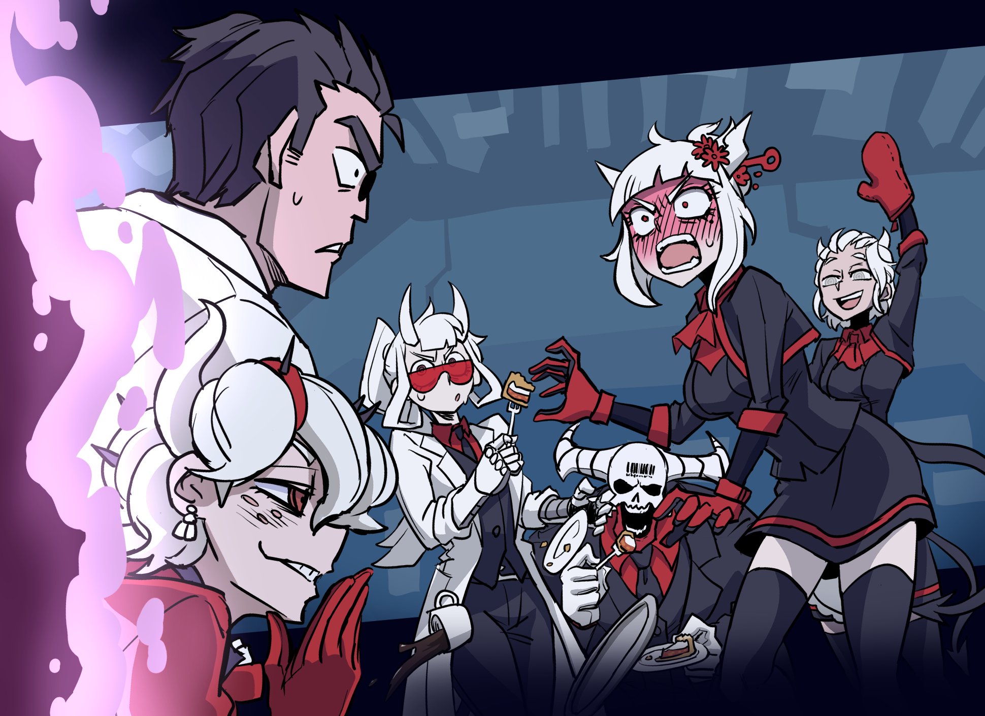 Safebooru - 2boys 4girls apple pie azazel (helltaker) beelzebub ...