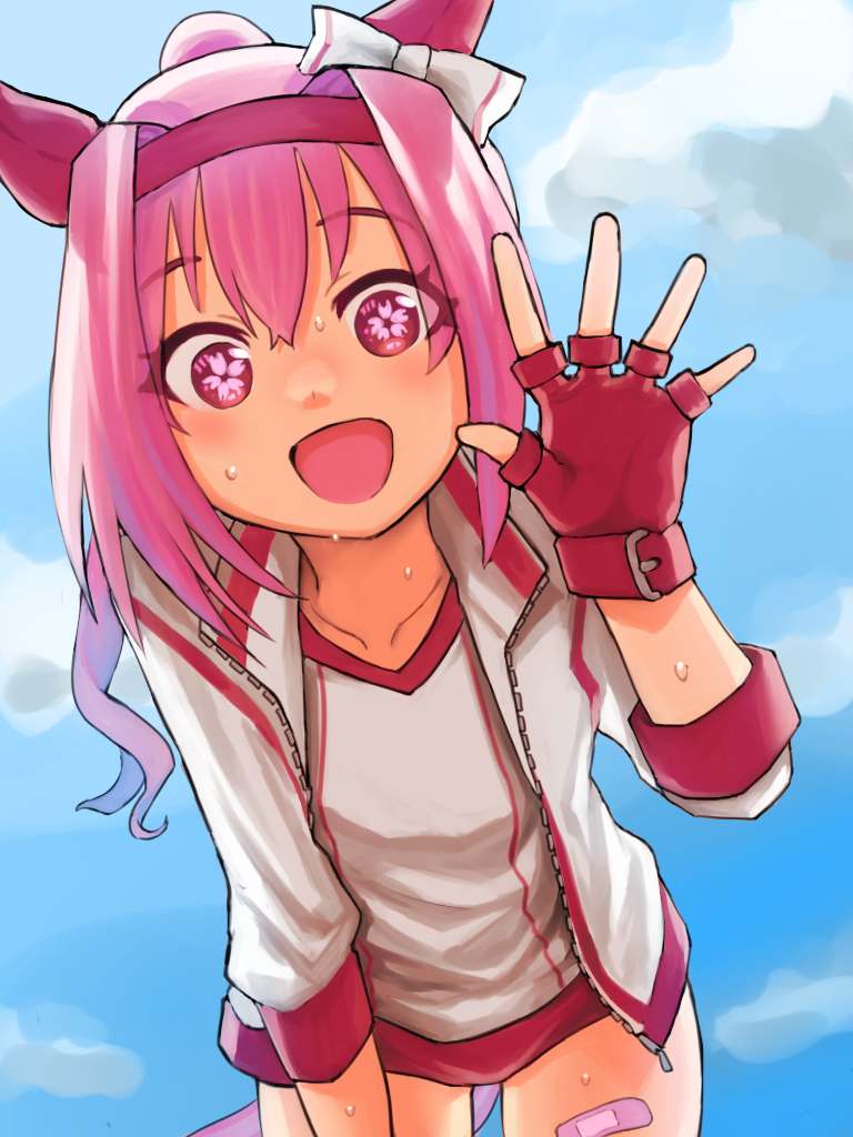 Safebooru - 1girl animal ears arm up bandaid bandaid on leg bow buruma clouds fingerless gloves ...