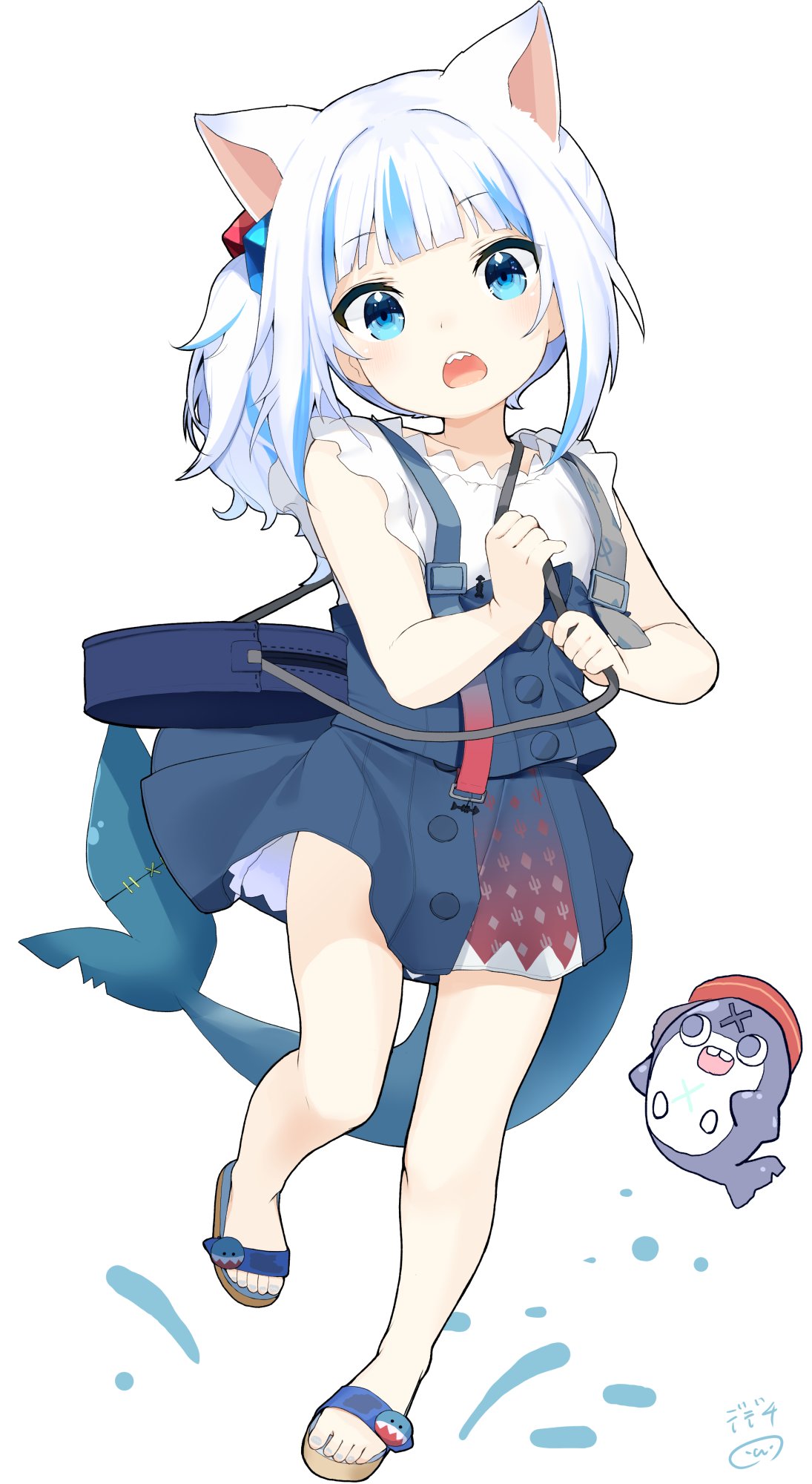 Safebooru - 1girl :o animal ears bare shoulders bloop (gawr gura) blue dress blue eyes blush cat ...