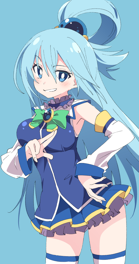 Safebooru - 1girl aqua (konosuba) blue background blue eyes blue hair blue skirt bow bowtie ...