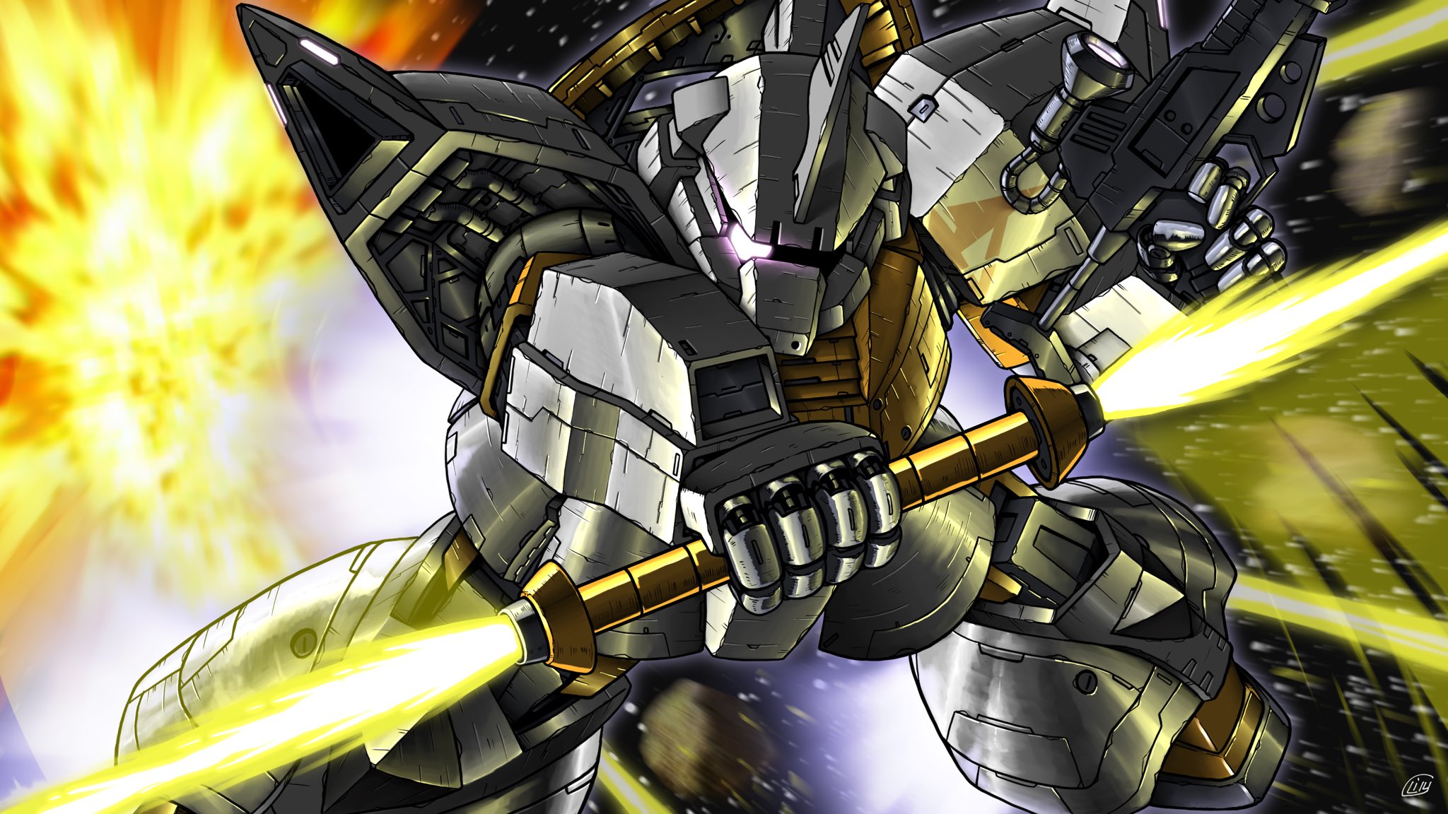 Safebooru - chibi double-blade energy lance energy weapon explosion ...