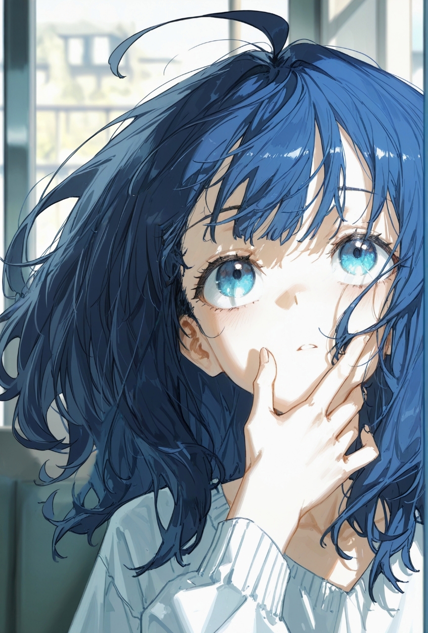 Safebooru - 1girl ahoge blue eyes blue hair hand on own face hands up ...