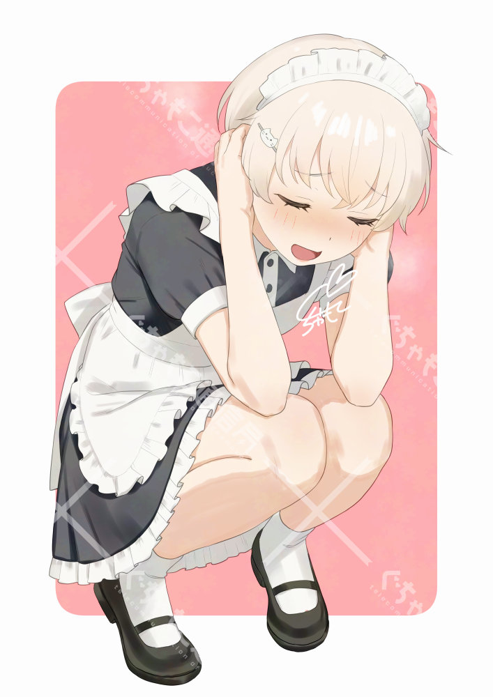 Safebooru - 1girl :d adversarial noise alternate costume apron black dress black shoes blonde ...
