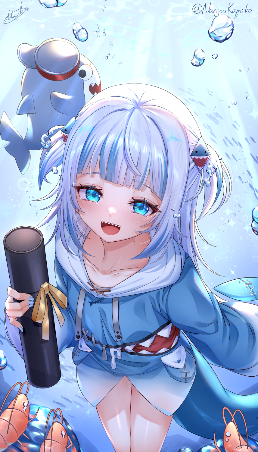 Safebooru - 1girl bare legs bloop (gawr gura) blue eyes blue hair blunt bangs blush ebi-chan ...