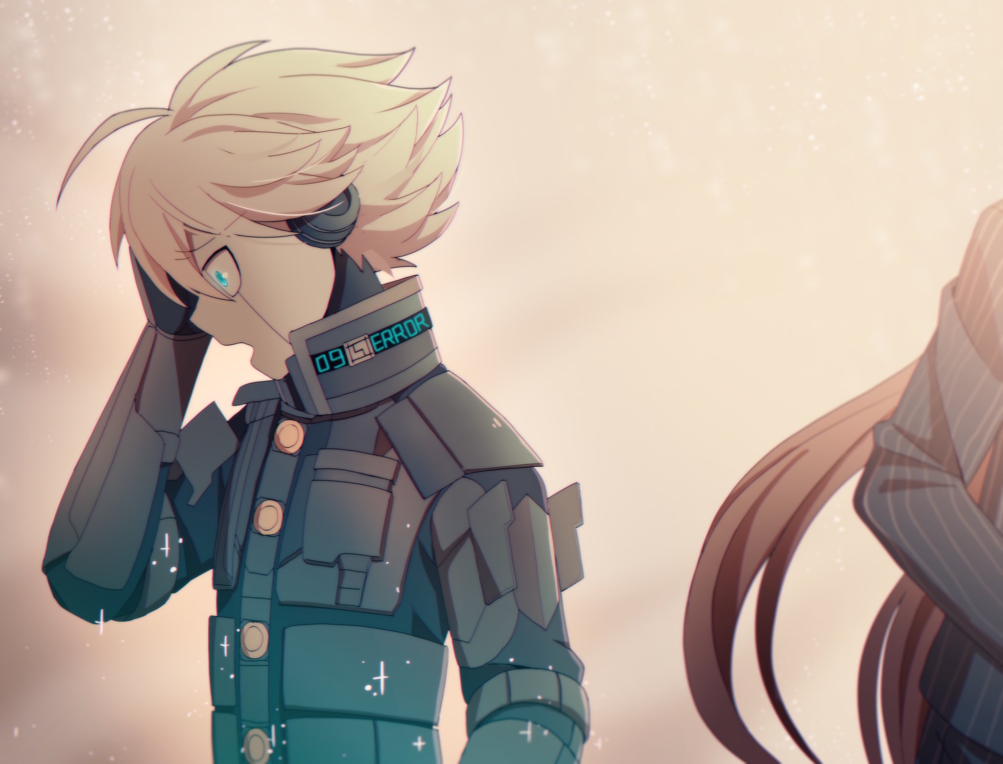 Safebooru - 1girl 2boys ahoge android bangs black gloves black sweater ...