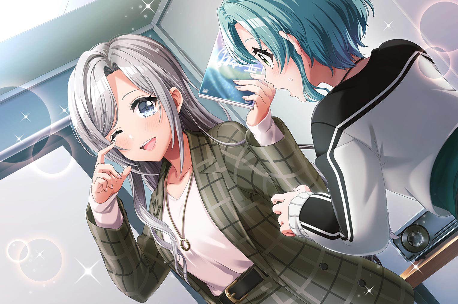 Safebooru - 2girls blue eyes blue hair blush d4dj dress green eyes hanamaki towa long hair ...