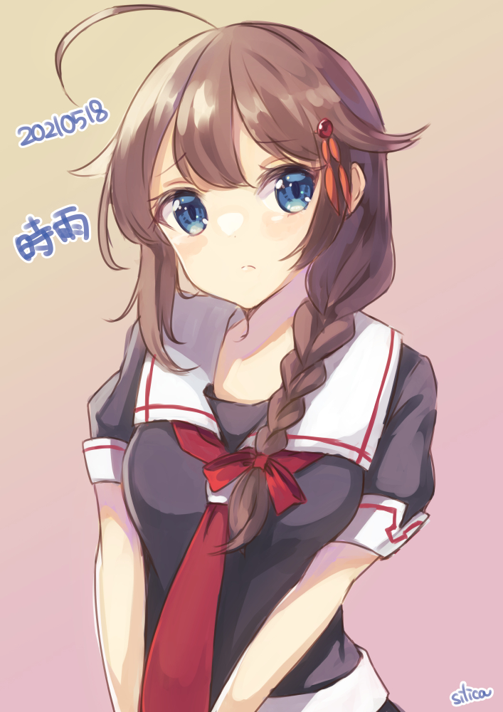 Safebooru - 1girl ahoge black serafuku blue eyes braid brown hair character name commentary ...