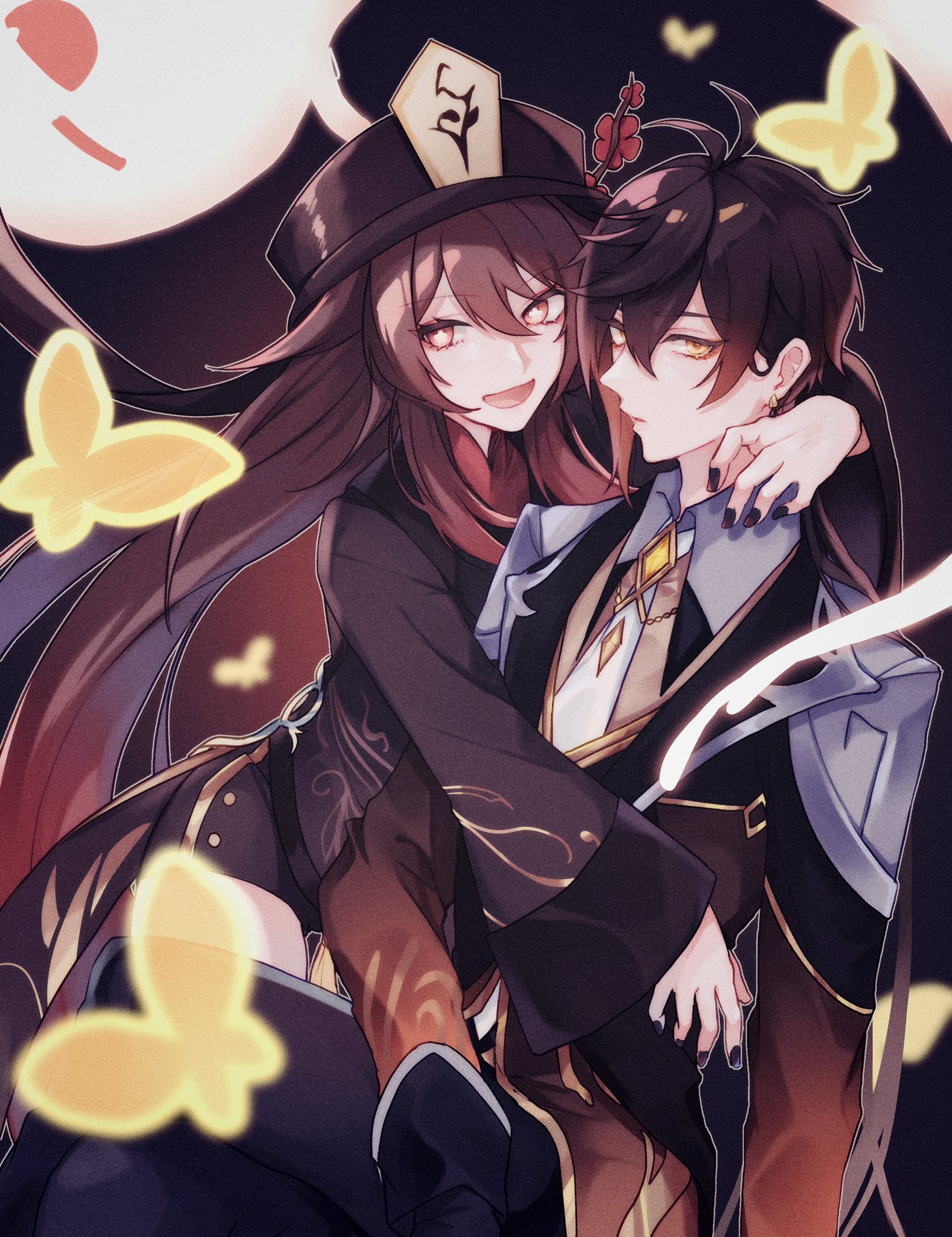 Safebooru - 1boy 1girl :d bangs black gloves black hair black headwear black nails black shorts ...