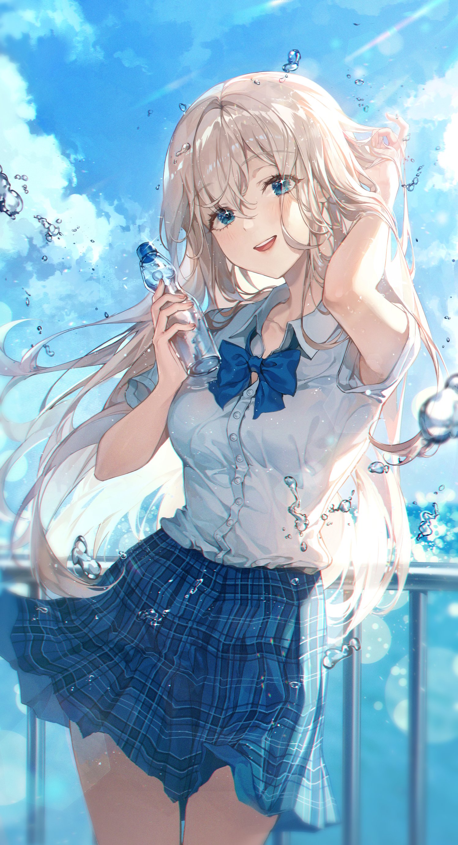 Safebooru - 1girl :d absurdres arm up armpit peek bangs blonde hair blue bow blue eyes blue ...