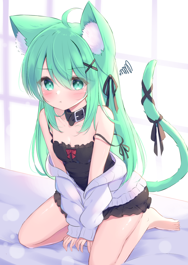 Safebooru - 1girl :t ahoge animal ear fluff animal ears bangs bare shoulders barefoot between ...