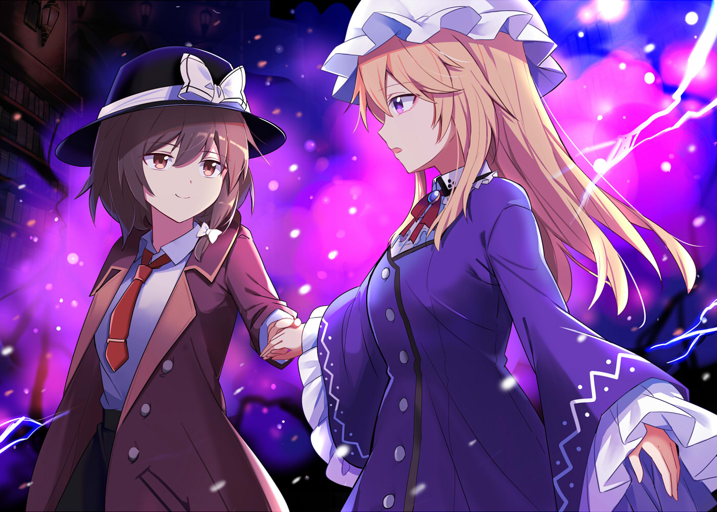 Safebooru - 2girls bangs black headwear black skirt blonde hair bow brown eyes brown hair brown ...