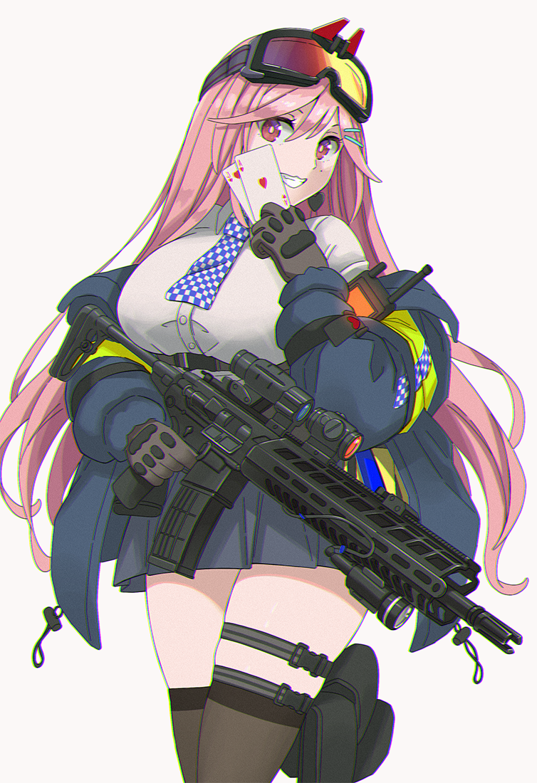 Safebooru - 1girl ace of hearts assault rifle black gloves black legwear blue jacket blue skirt ...