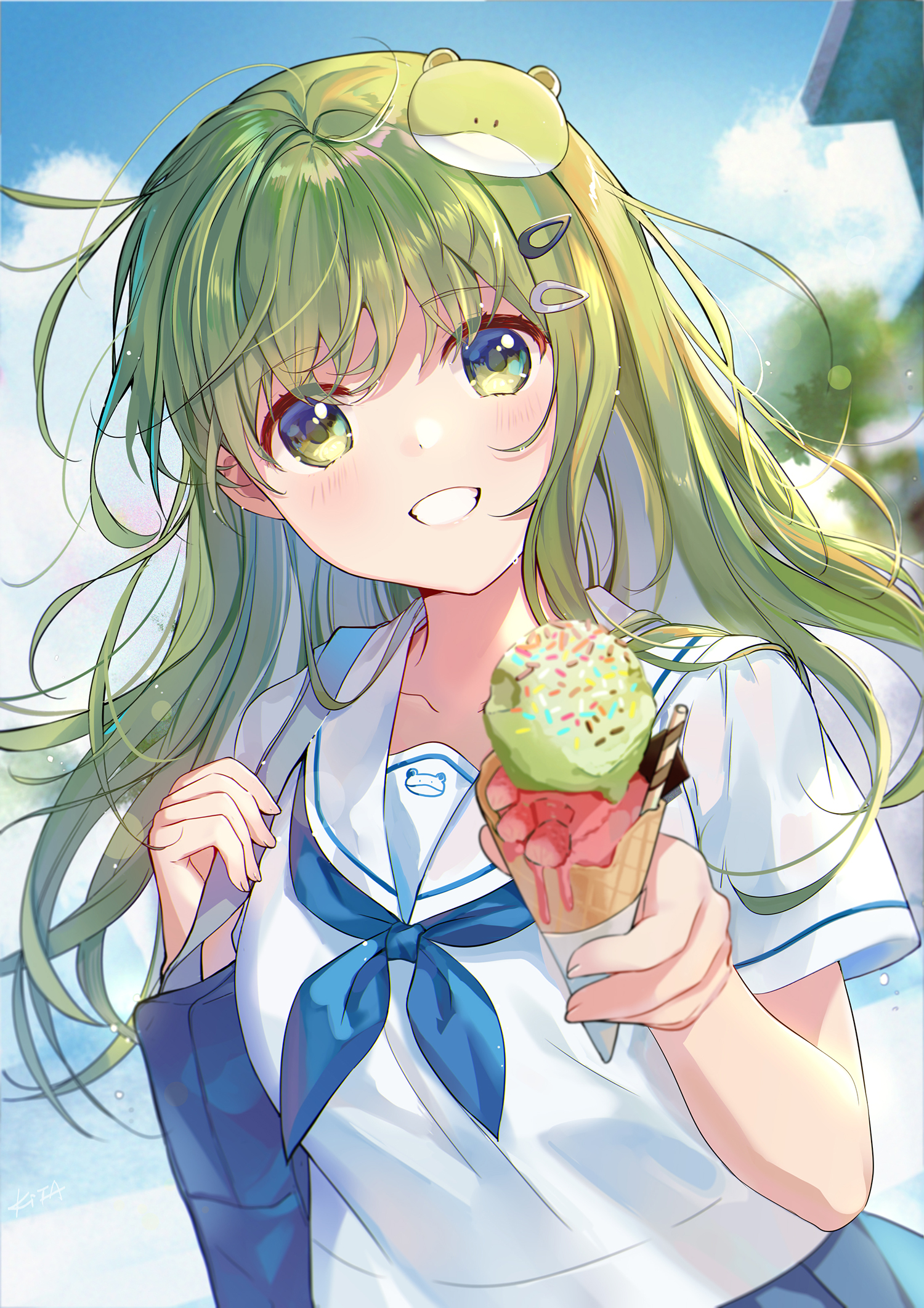 Safebooru - 1girl bag bangs blue bag blue neckwear blue skirt blurry blurry background blush ...