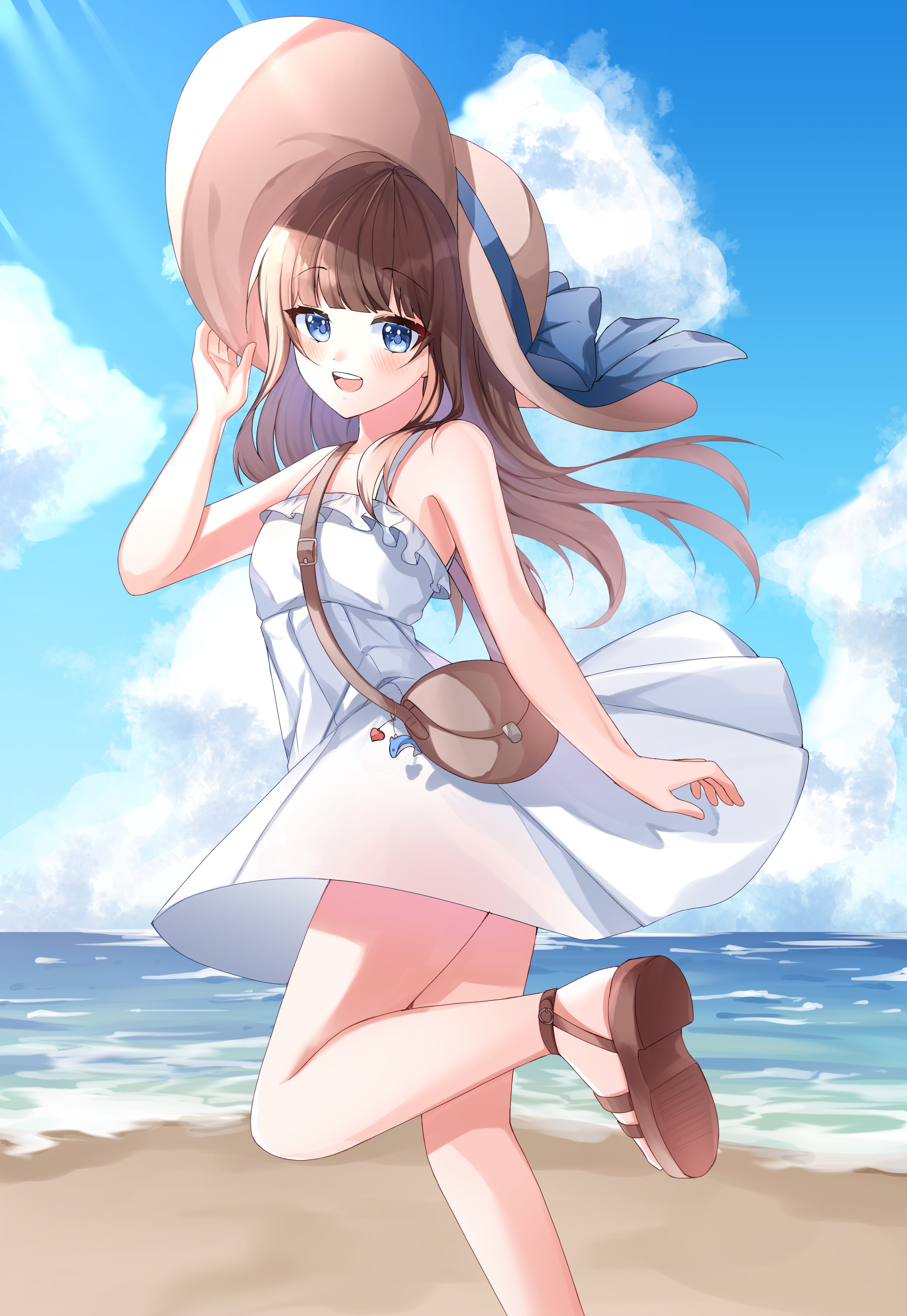 Safebooru - 1girl absurdres bag bare shoulders beach blue eyes blue sky blush brown hair clouds ...
