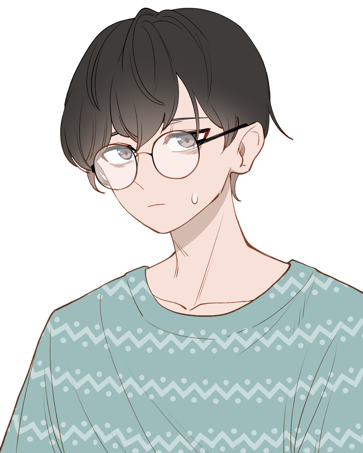 Safebooru - 1boy bangs black-framed eyewear black hair blue shirt brown eyes closed mouth ...