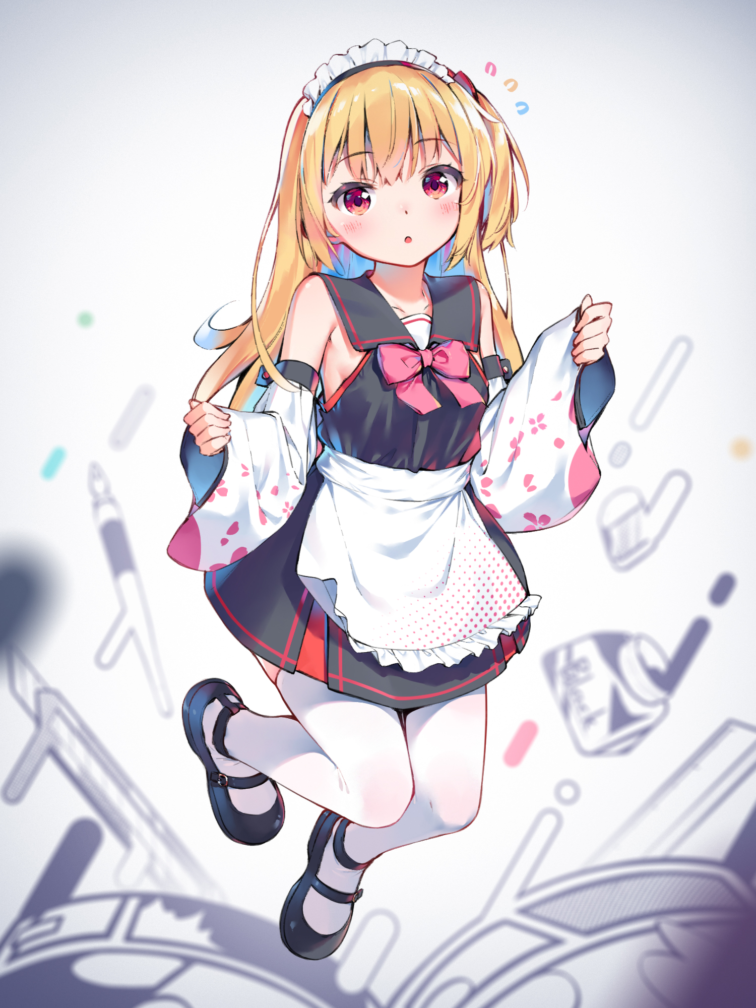 Safebooru - 1girl apron bangs black dress black footwear blonde hair blunt bangs bow bowtie ...