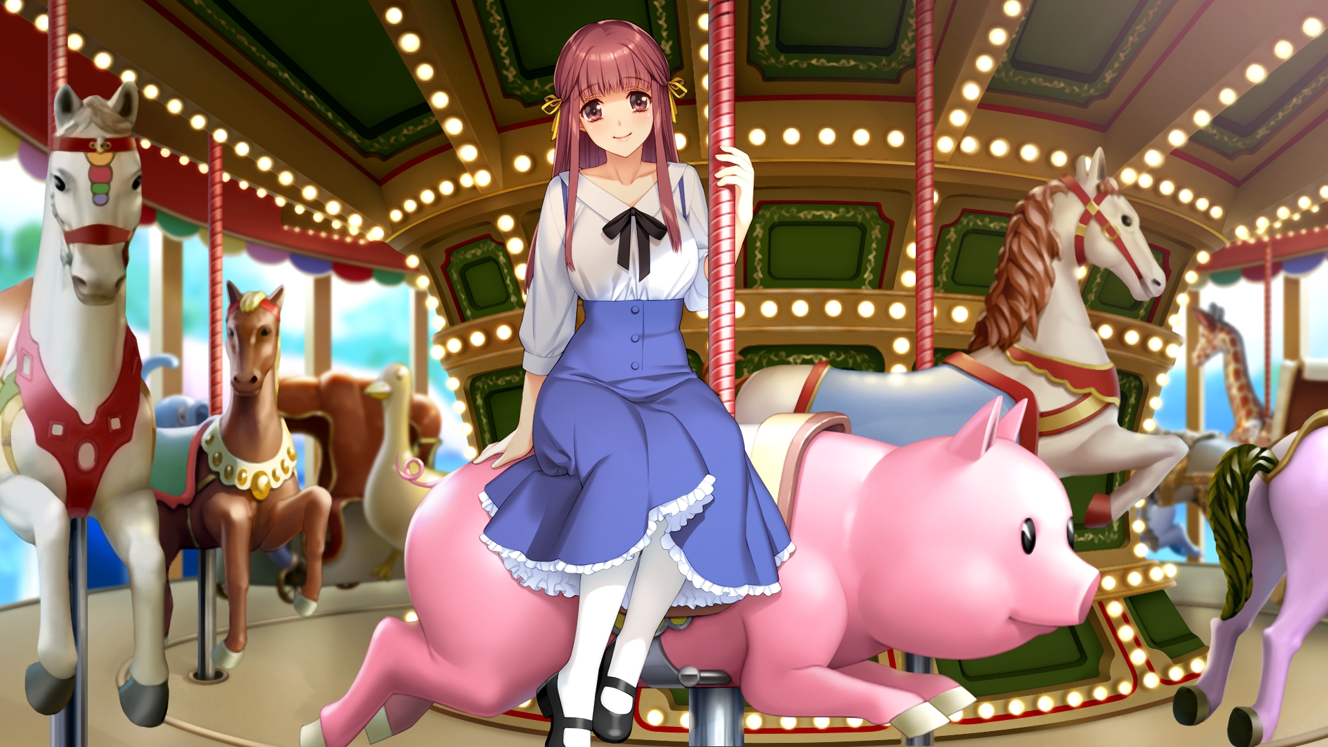 Safebooru - 1girl bangs black footwear black ribbon blue skirt brown ...