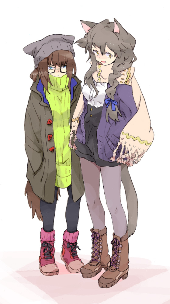 Safebooru - 2girls animal ears bangs black legwear blue eyes boots braid brown hair cat ears cat ...