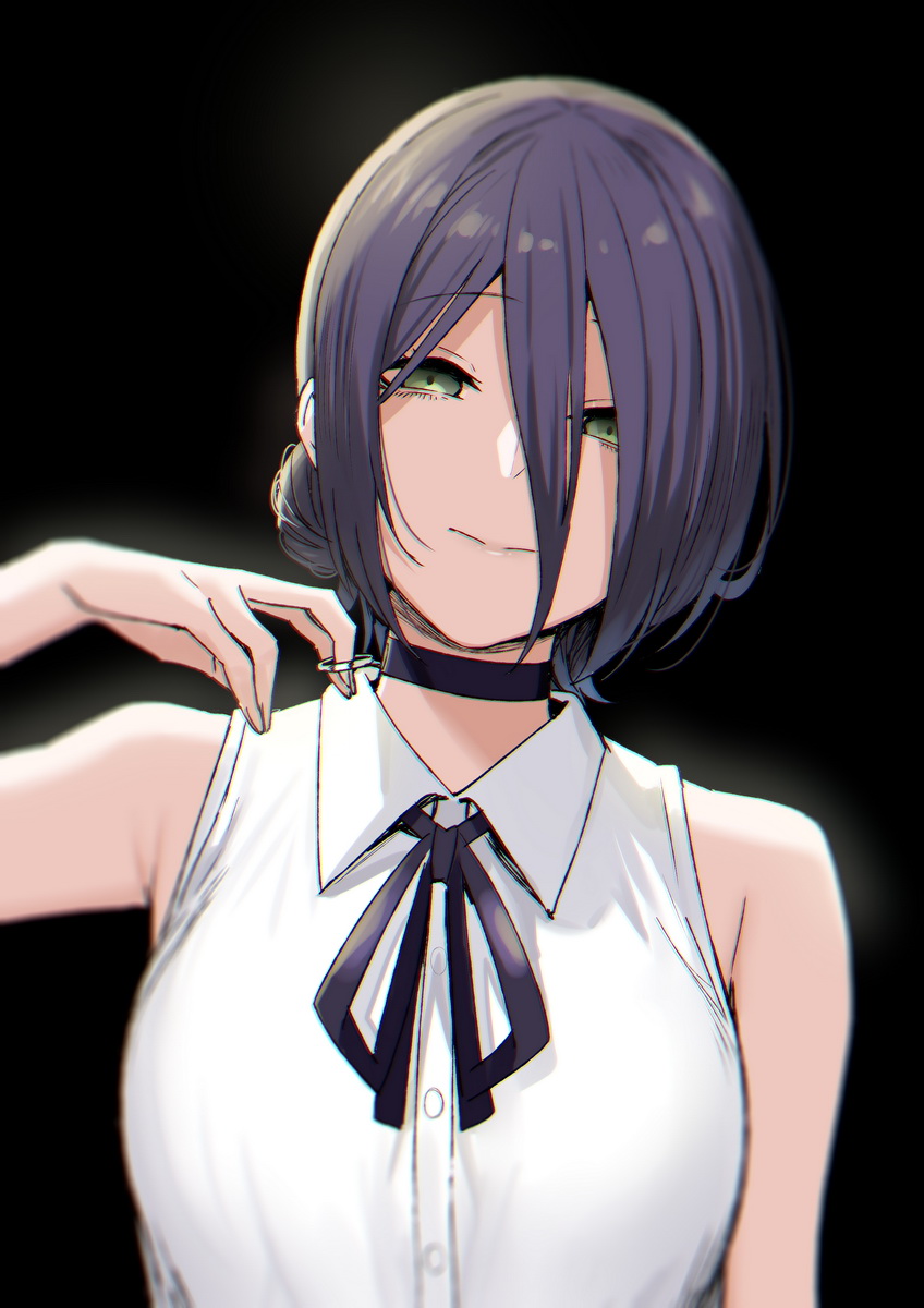 Safebooru - 1girl bangs black background black choker black hair blush breasts chainsaw man ...