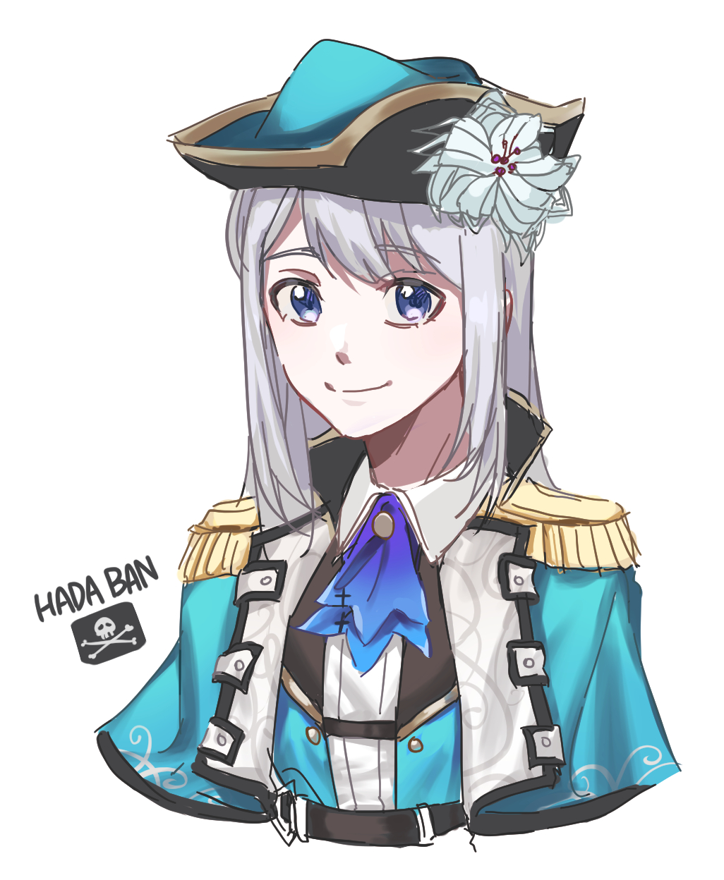 Safebooru - 1girl ban hada bangs belt black belt blue eyes blue headwear blue jacket capelet ...