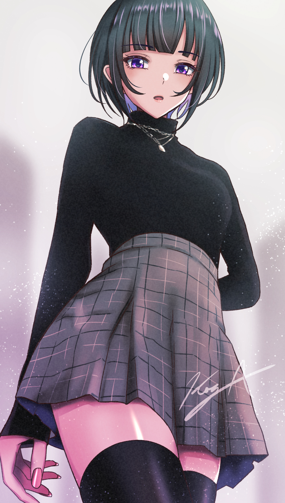 Safebooru - 1girl :o arm behind back bangs black legwear black shirt blunt bangs blurry blurry ...