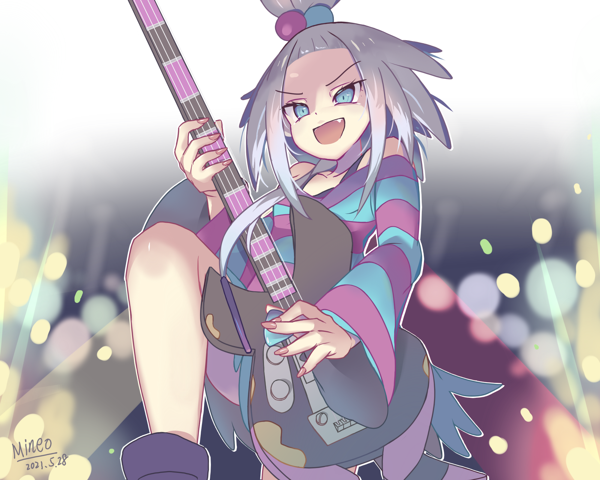 Safebooru - 1girl bass guitar blue eyes dress fang forehead gym leader ...