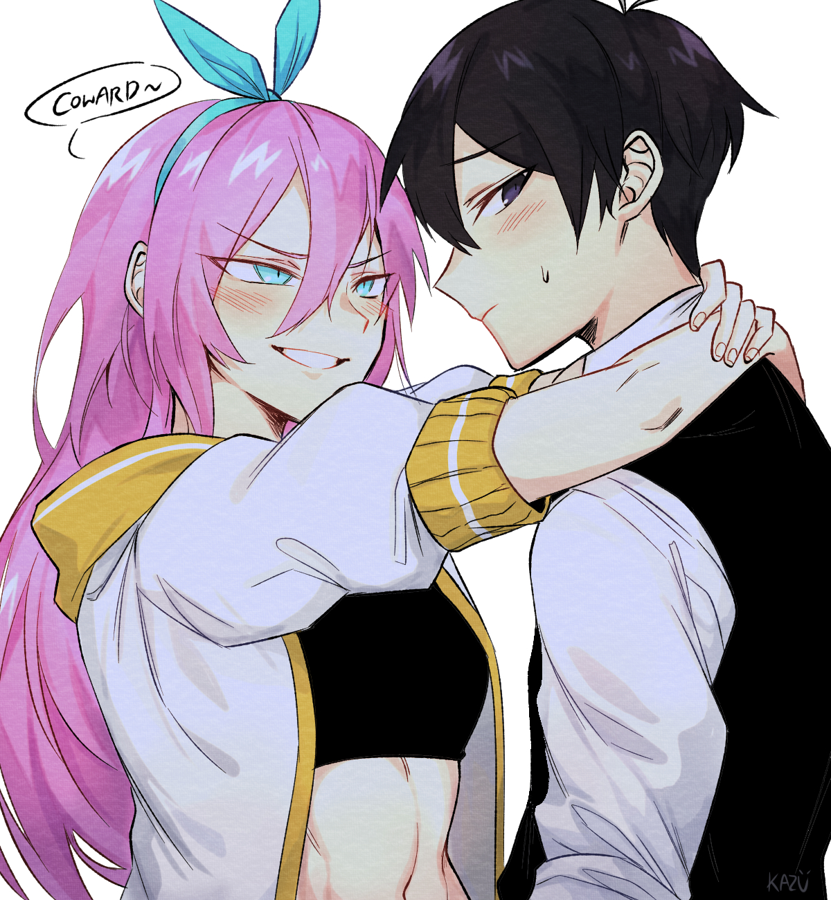 Safebooru - 1boy 1girl aqua eyes aqua hairband arms around neck artist name aubrey (omori) bangs ...