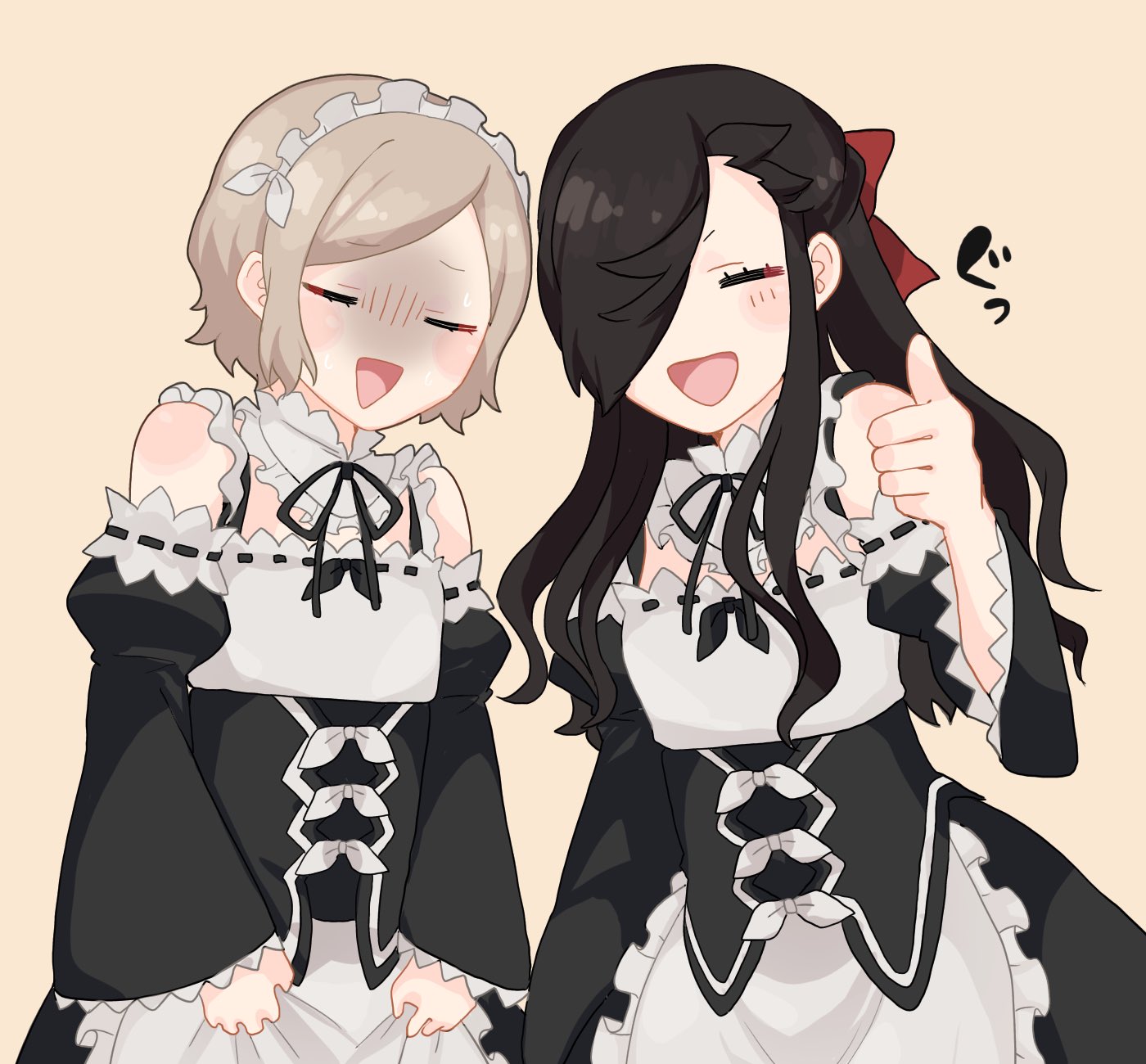 Safebooru - 2boys apron bangs black hair bow closed eyes crossdressinging detached collar ...