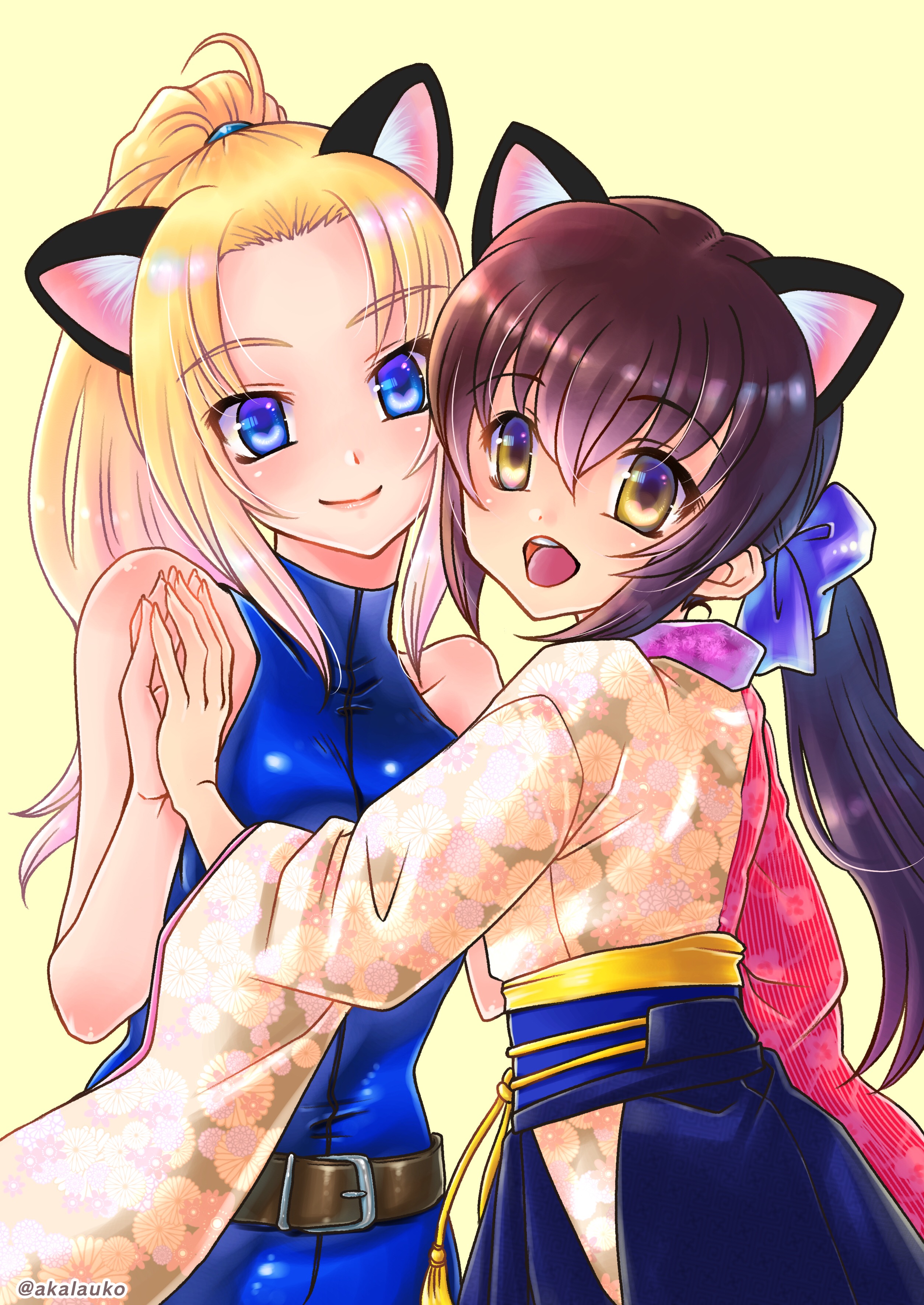 Safebooru - 2girls absurdres animal ears belt black hair blonde hair blue bodysuit blue eyes ...