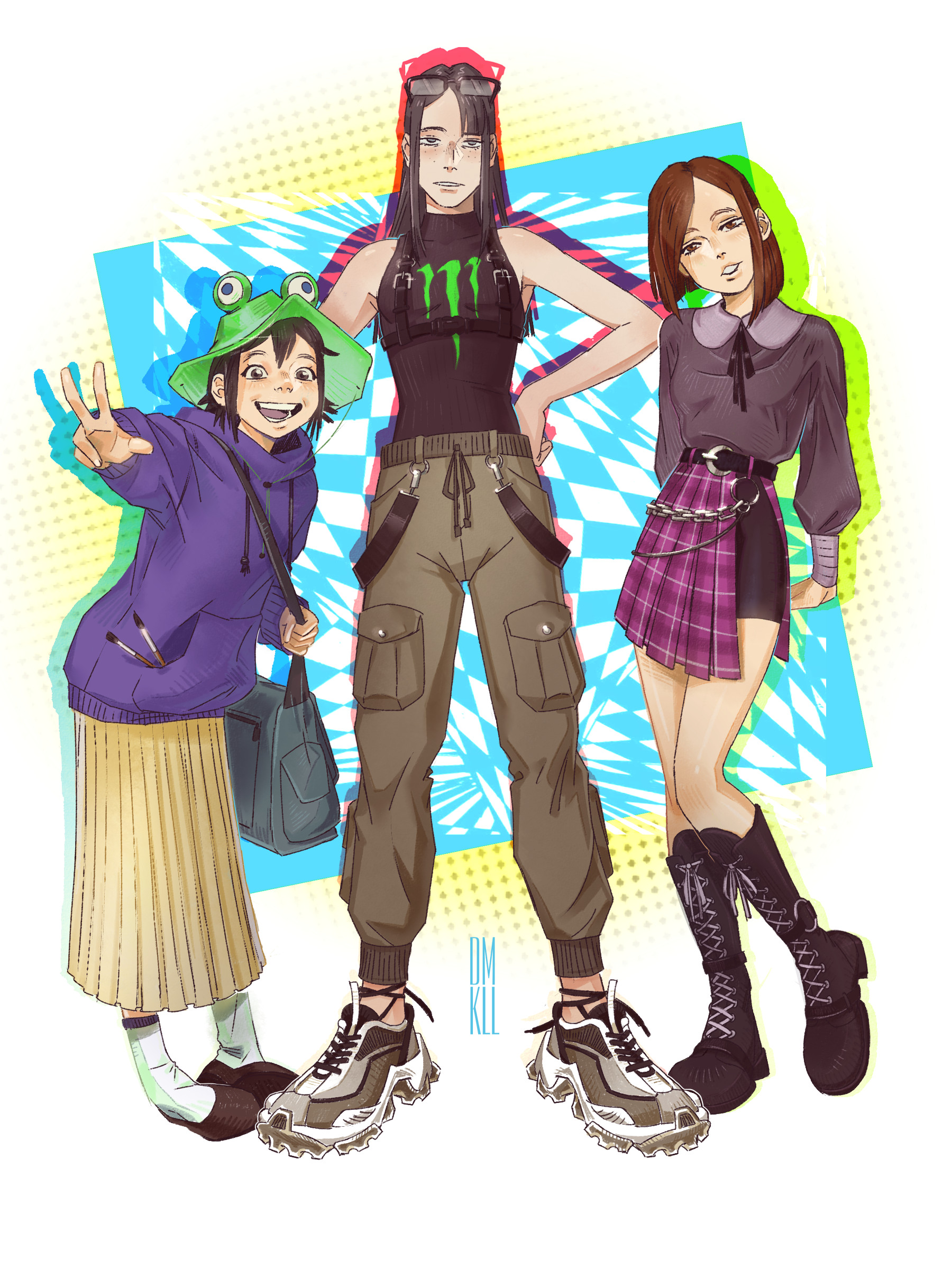 Safebooru - 3girls :d absurdres alternate costume artist name asakusa midori bag belt black ...