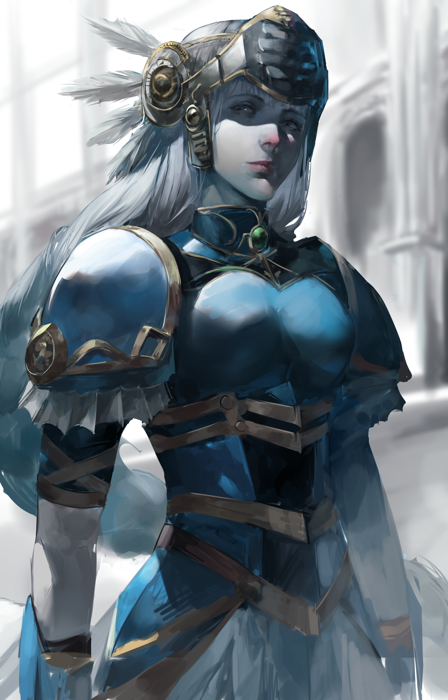 Safebooru - armor armored dress bangs blazpu blue armor breastplate gem gold trim helmet highres ...