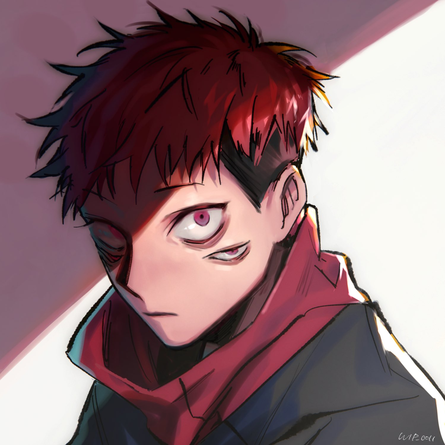 Safebooru - 1boy ant (wip 0011) bangs black hair black jacket extra eyes highres hood hood down ...