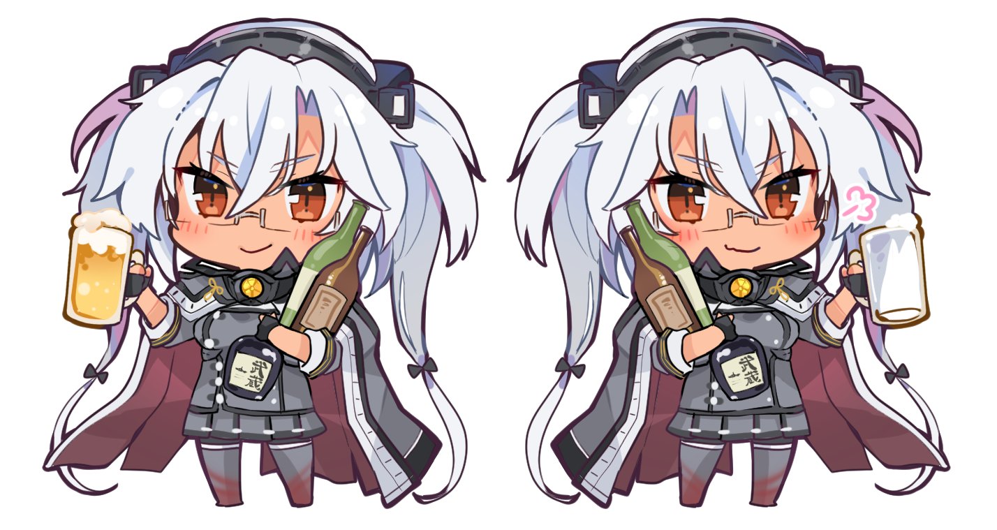 Safebooru - 1girl =3 alcohol bangs beer beer mug black gloves blush bottle breasts cape chibi ...