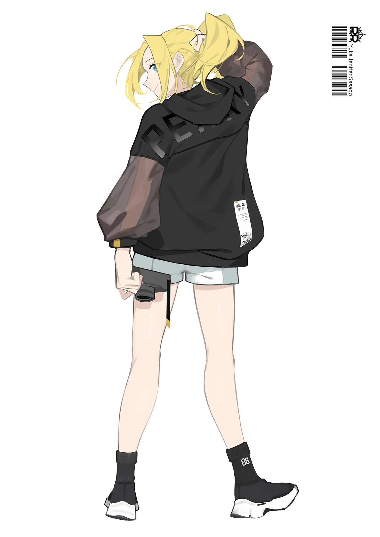 Safebooru - 1girl adjusting hair barcode bare legs black footwear black jacket black legwear ...