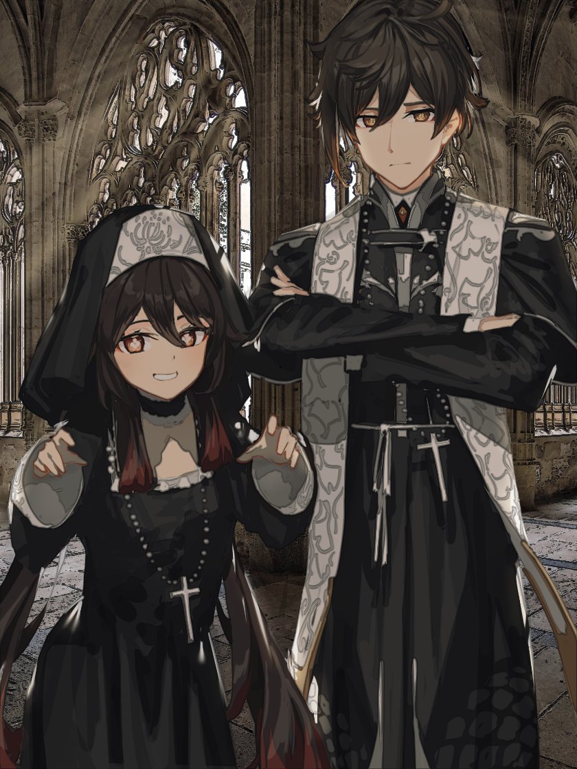 Safebooru - 1boy 1girl :| alternate costume architecture bangs black dress black hair black robe ...