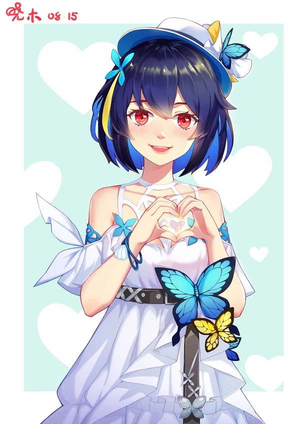Safebooru - blue butterfly blue hair bug butterfly dress hat heart ...