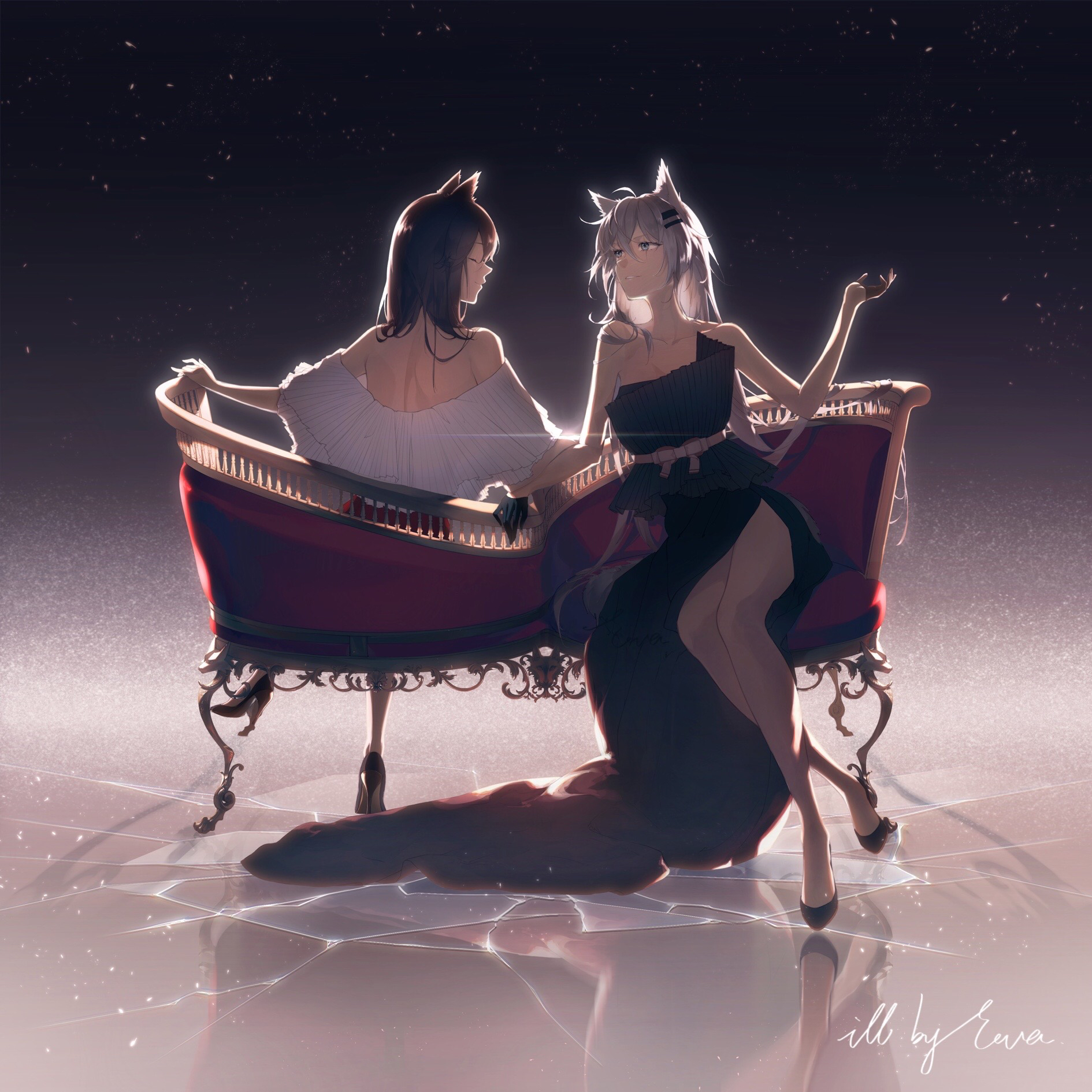 Safebooru - 2girls alternate costume animal ear fluff animal ears arknights armchair backless ...