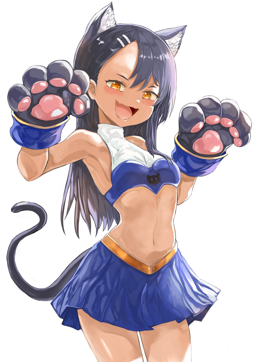 Safebooru - 1girl :d animal ears asymmetrical bangs bangs black hair blue skirt cat ears cat ...