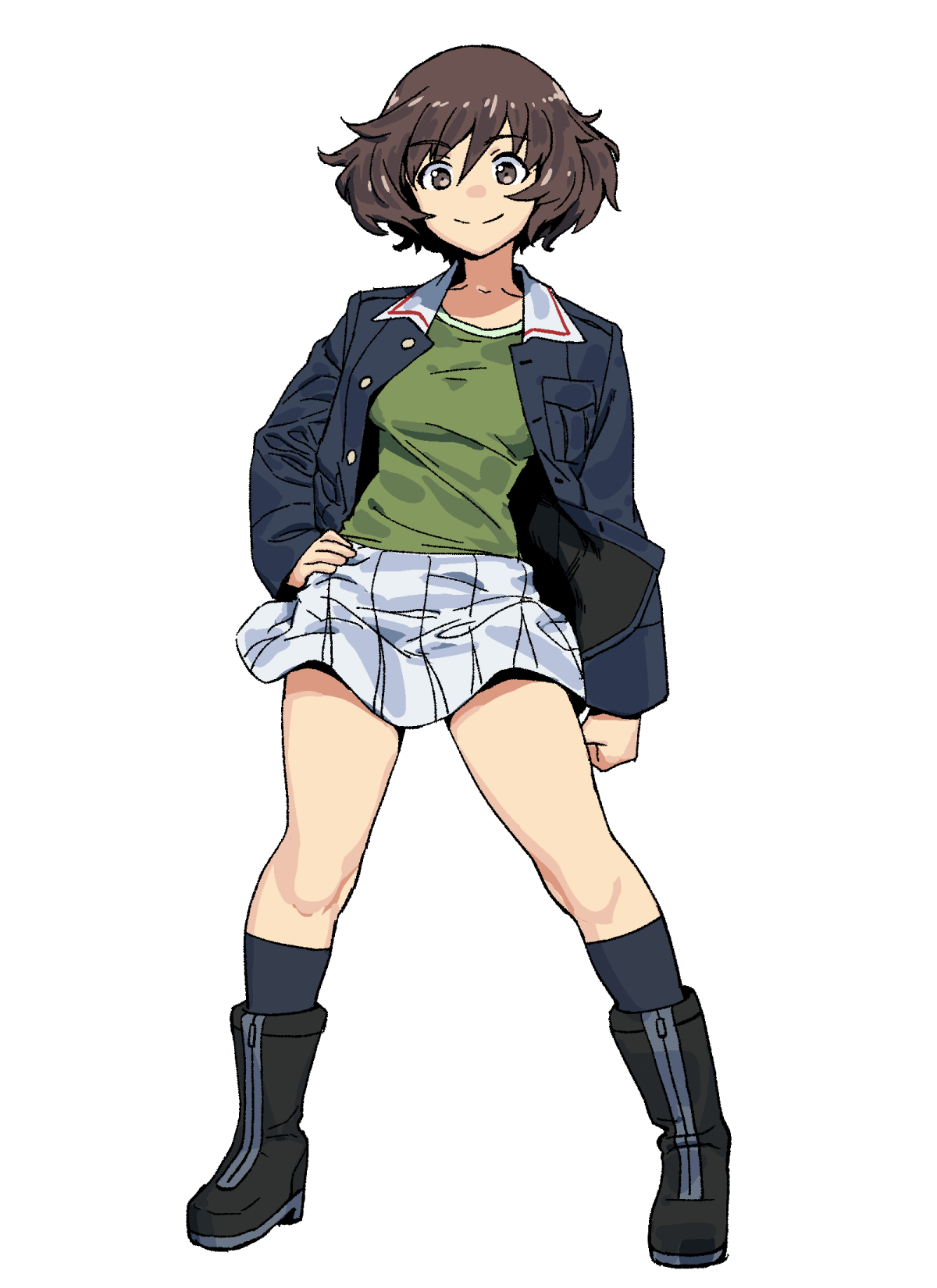 Safebooru - 1girl akiyama yukari blue jacket blue legwear boots brown eyes brown hair ...