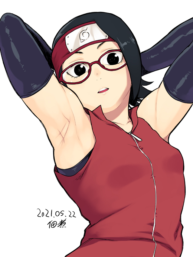Safebooru - 1girl armpits arms behind head arms up black eyes black gloves black hair boruto ...
